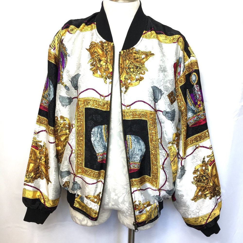 80’s Reversible Bomber Jacket Ornate Scarf Print Shiny - Gem